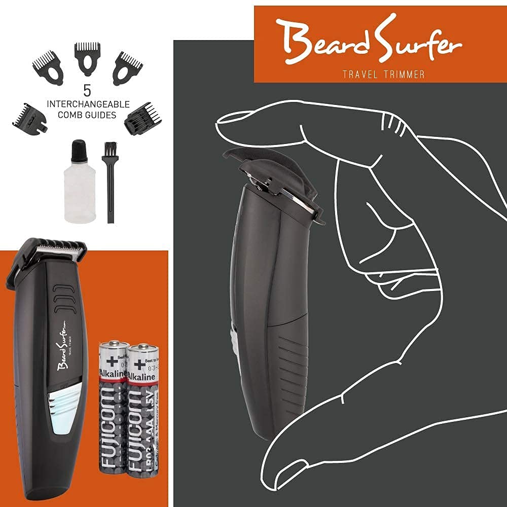Beard Surfer Facial Hair Trimmer for Men Travel Beard Mustache Kit Compact Mini Size Shaver AAA Battery Operated Grooming Set Black Matte Color