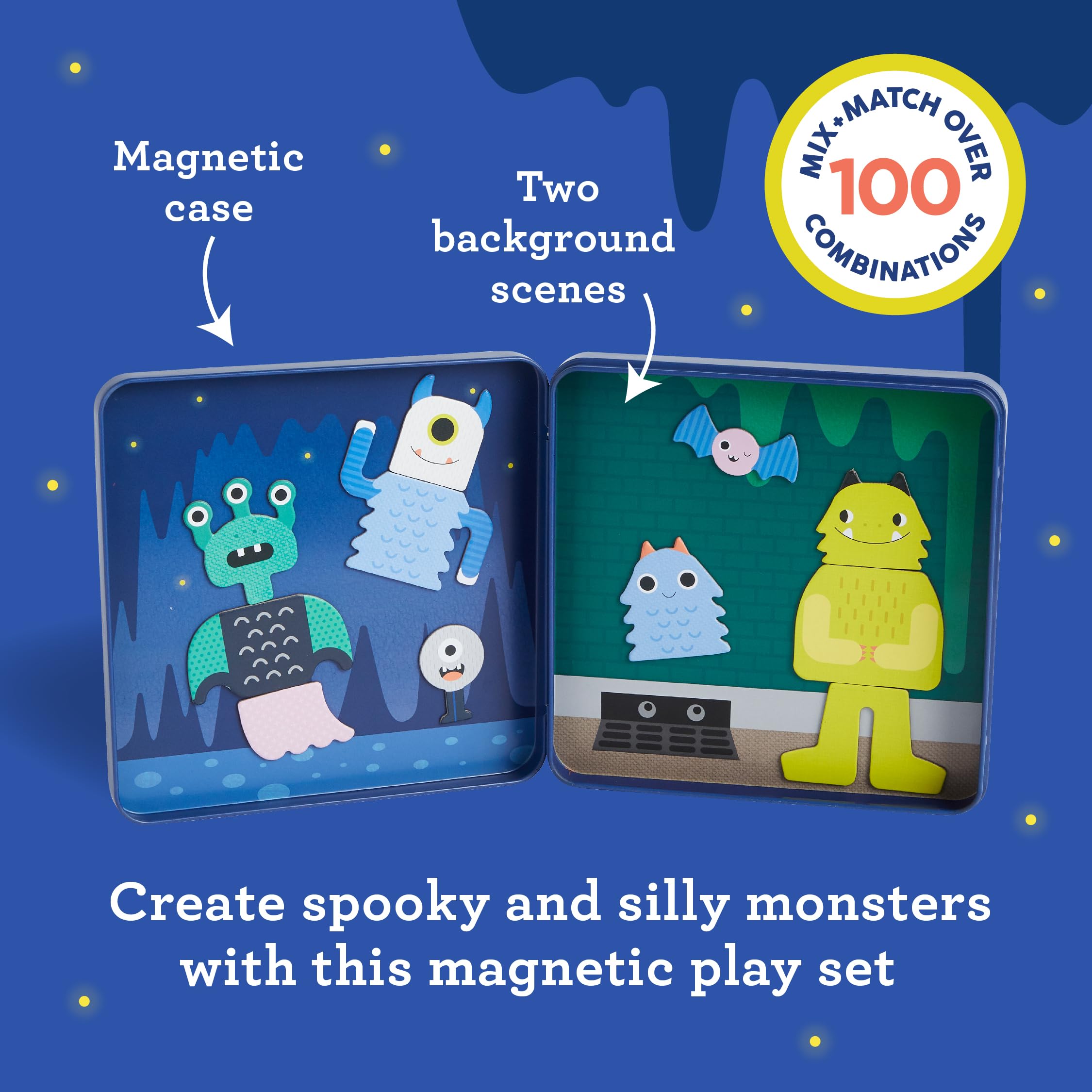 Petit Collage Magnetic Play Set, Monsters – Mix & Match Magnetic Game Board, Ideal for Ages 3+ – Includes 2 Magnetic Scenes and Over 25 Magnet Pieces, Ideal Travel Activity for Kids