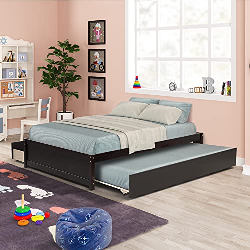 Full Size Bed Frame with Trundle and Storage, Platform Bed with Solid Wood Slat Support, Full Bed Frame with Twin Size Trundle Bed & 2 Storage Drawers, Noise Free, No Box Spring Needed (Espresso)