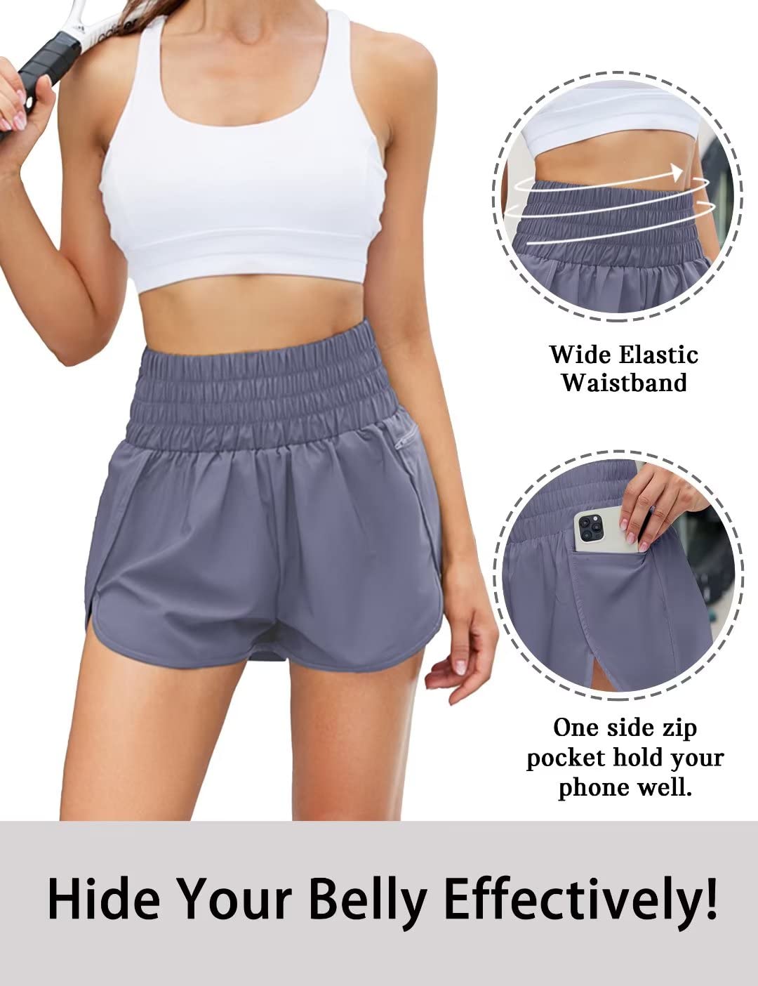 Blooming Jelly Women's High Waisted Running Shorts Athletic Active Workout Shorts with Zip Pocket (Medium, Blue Grey)