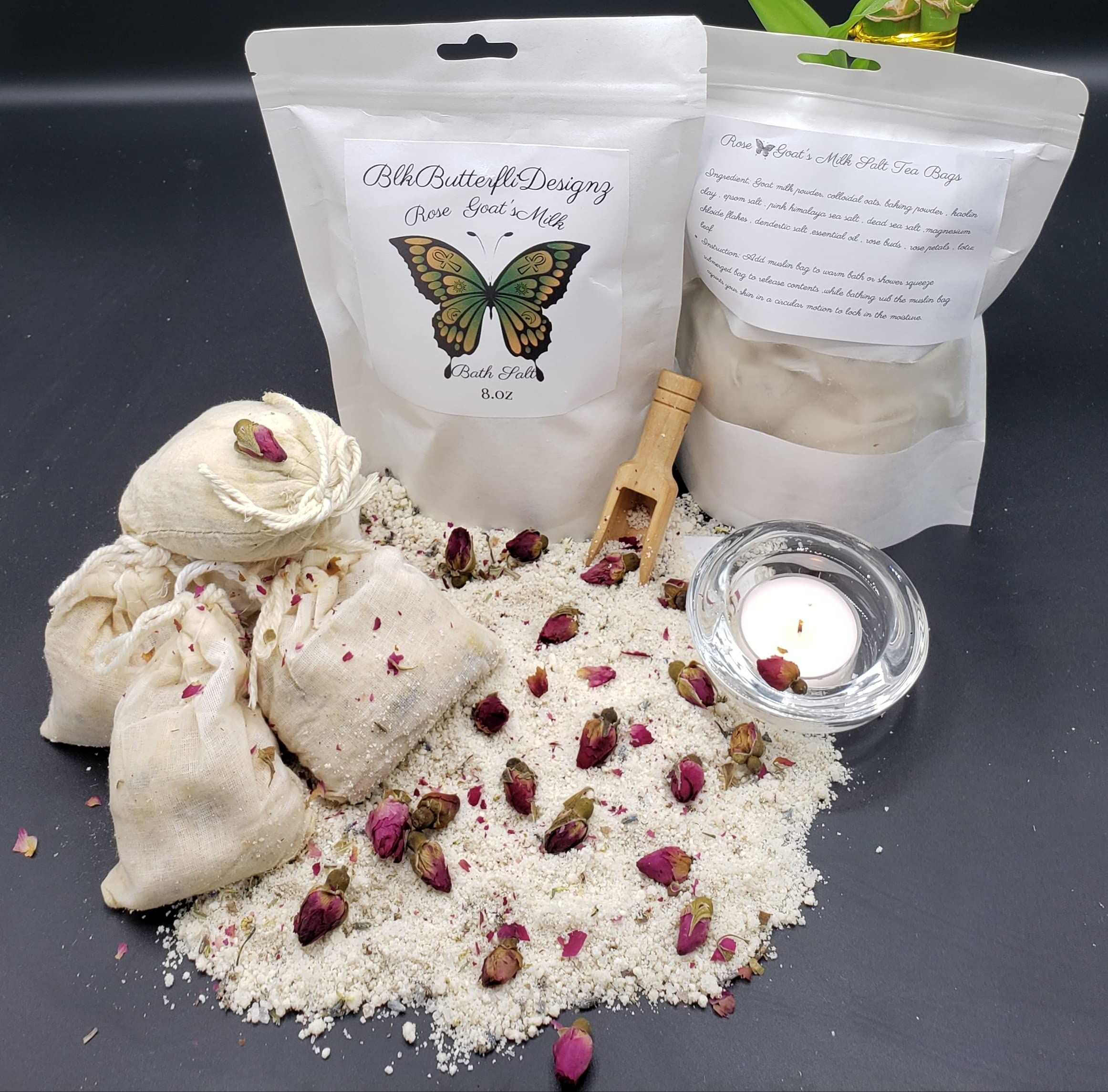 Blkbutterfli Designz Rose and Lavender Goat Milk Salt Tea Bags, Perfect for Baths, Dry Salt Scrub (4-4oz Bags) (Lavender)