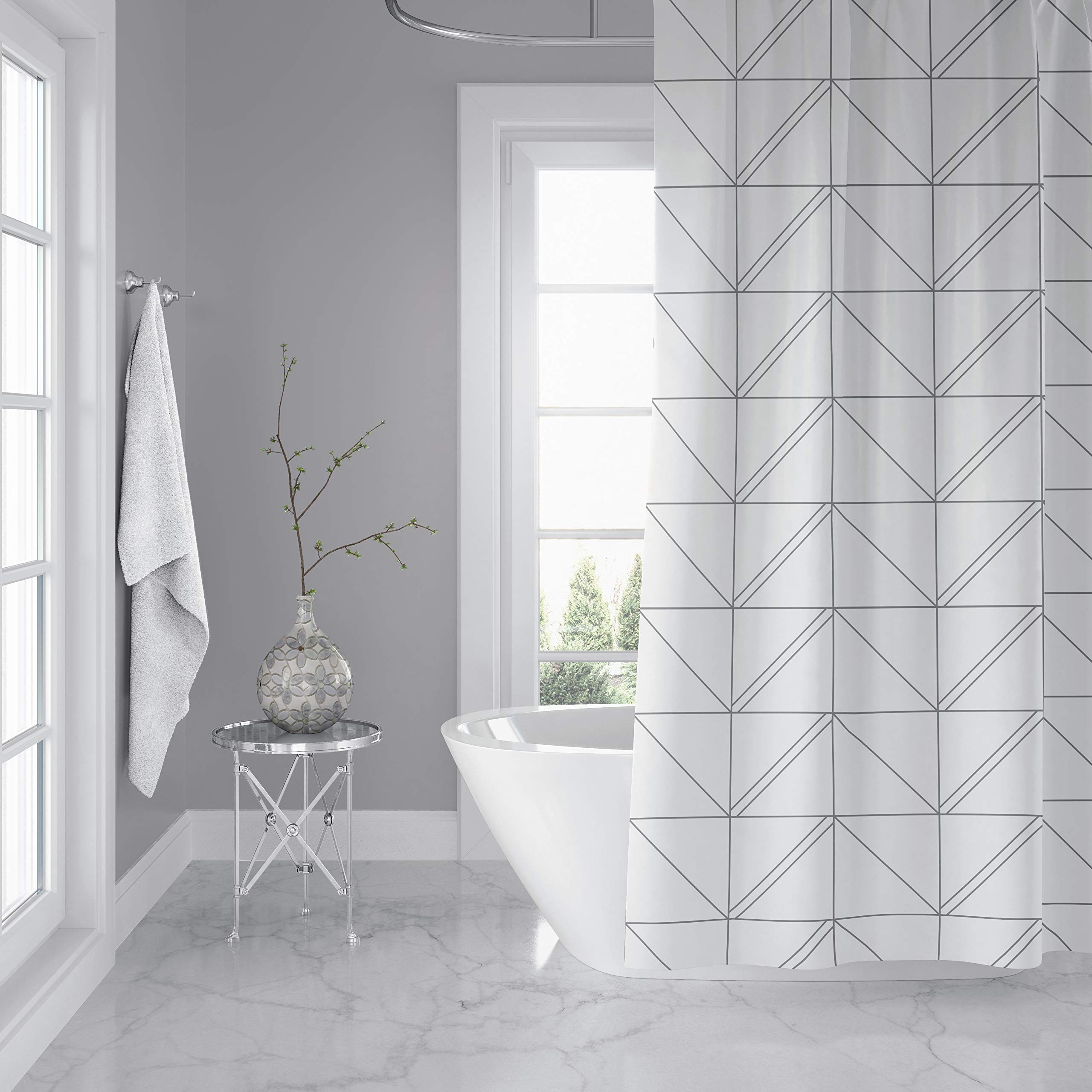 Horizon Home Essentials Modern Luxury Geometric Shower Curtain for Bathroom (White and Grey)
