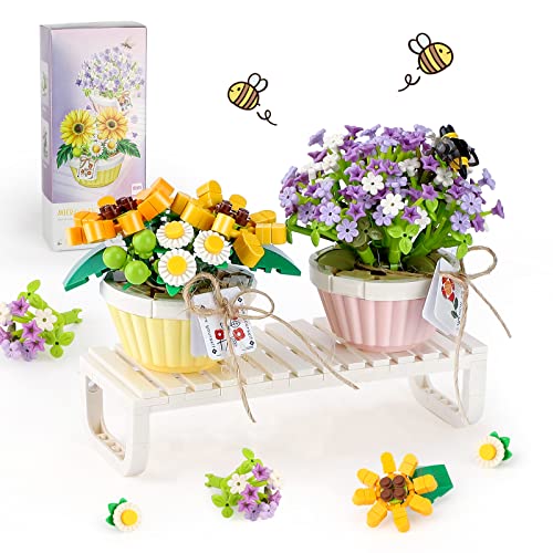 QLT Mini Bricks Flower Mini Sunflower Bonsai Tree Building Block Set 2PCS Botanical Collection Construction Building Toy, Creative Gift for Her Girls Women Adults 6+（Not Compatible with Lego Set ）