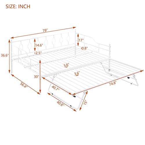 Full Size Daybed with Trundle Heavy-Duty Metal Day Bed Frame with Twin Size Adjustable Trundle Beds for Living Room Bedroom, White(Circle Pattern)