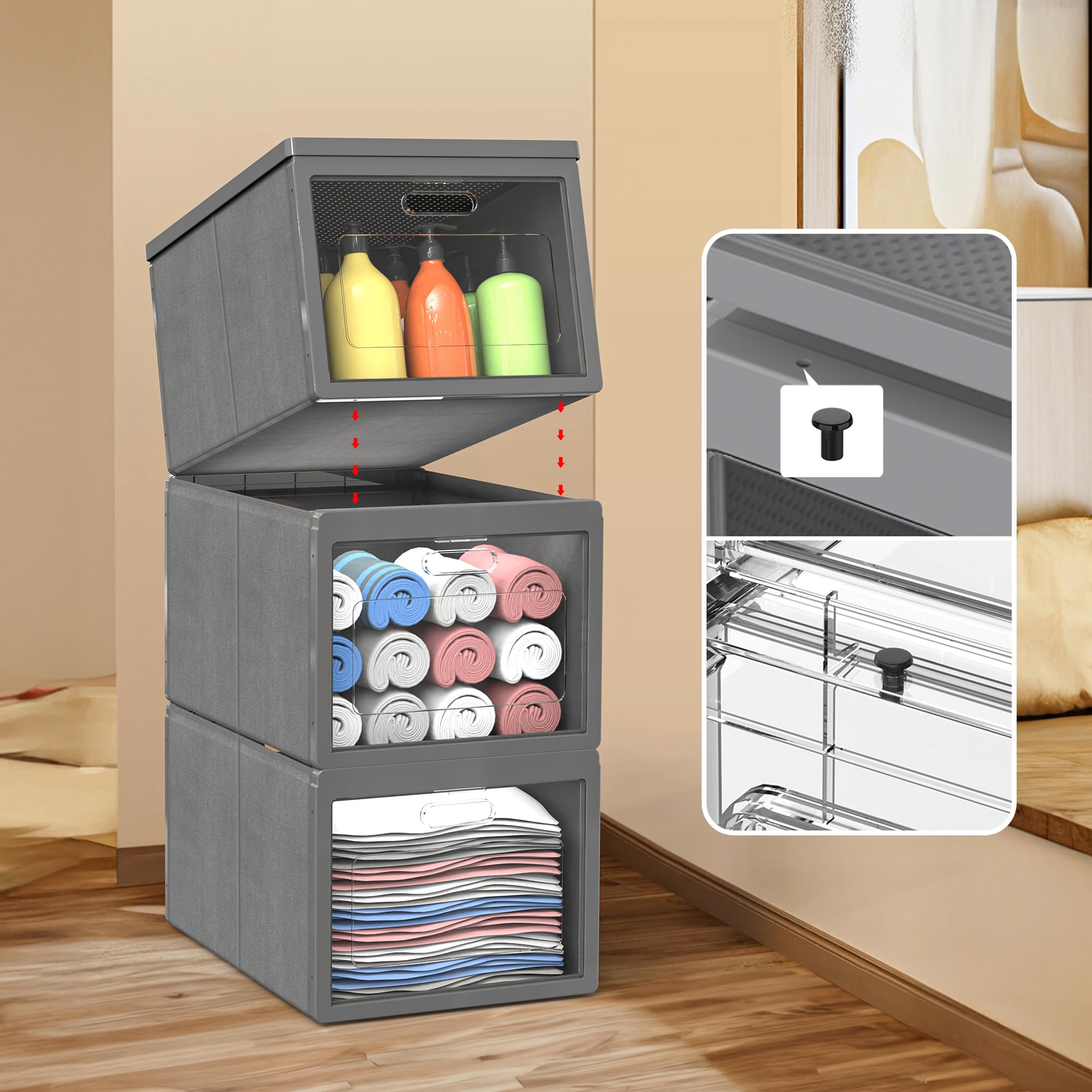 Domsanistor 4 GridsFolding Storage Bins with Lids, Stackable ClosetOrgamizers,Collapsible Storage Boxes, Fabric-PlasticStorage Bins with Door for Clothes, Shoes 11.8x15.75x39.37 inches