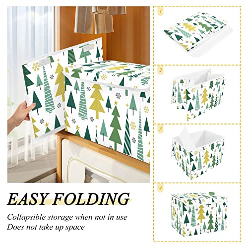 CaTaKu Christmas Tree Geen Storage Bins with Lids and Handles, Fabric Large Storage Container Cube Basket with Lid Decorative Storage Boxes for Organizing Clothes