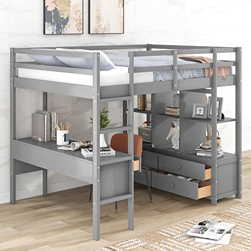 Harper & Bright Designs Full Size Loft Bed with Desk and 2 Drawers, Solid Wood Full Loft Bed with Storage Shelves and Drawers for Girls Boys Teens Adults,No Box Spring Needed,Grey