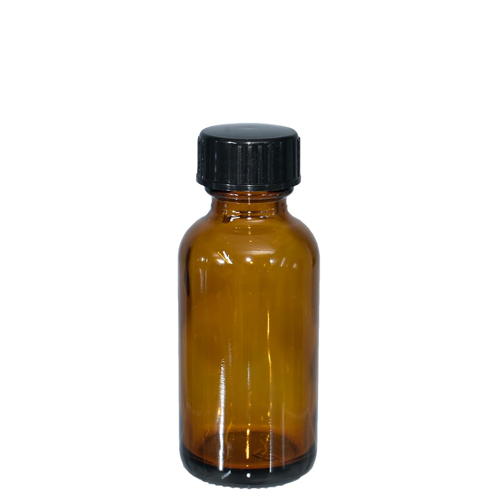 GlassBottleOutlet (108 Pack) 1 oz. Amber Boston Round with Black Poly Cone Cap