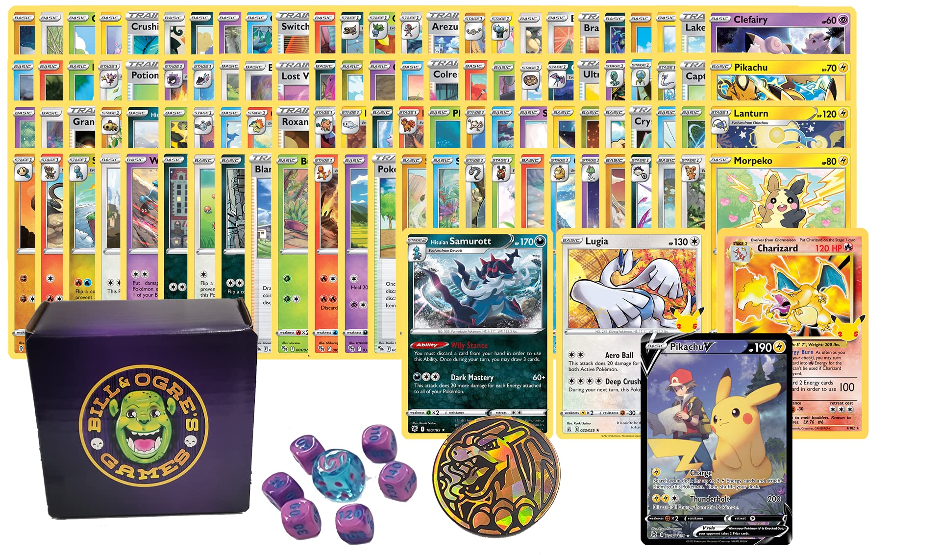 Bill and OGRE'S Basic Bundle Including 100 Assorted Trading Cards | 3 Holo/Reverse Cards |1x Ultra Rare Guaranteed |1 PKMN Coin | 1 Set of PKMN Damage Dice |1 Bill and Ogres Cardboard Storage Box