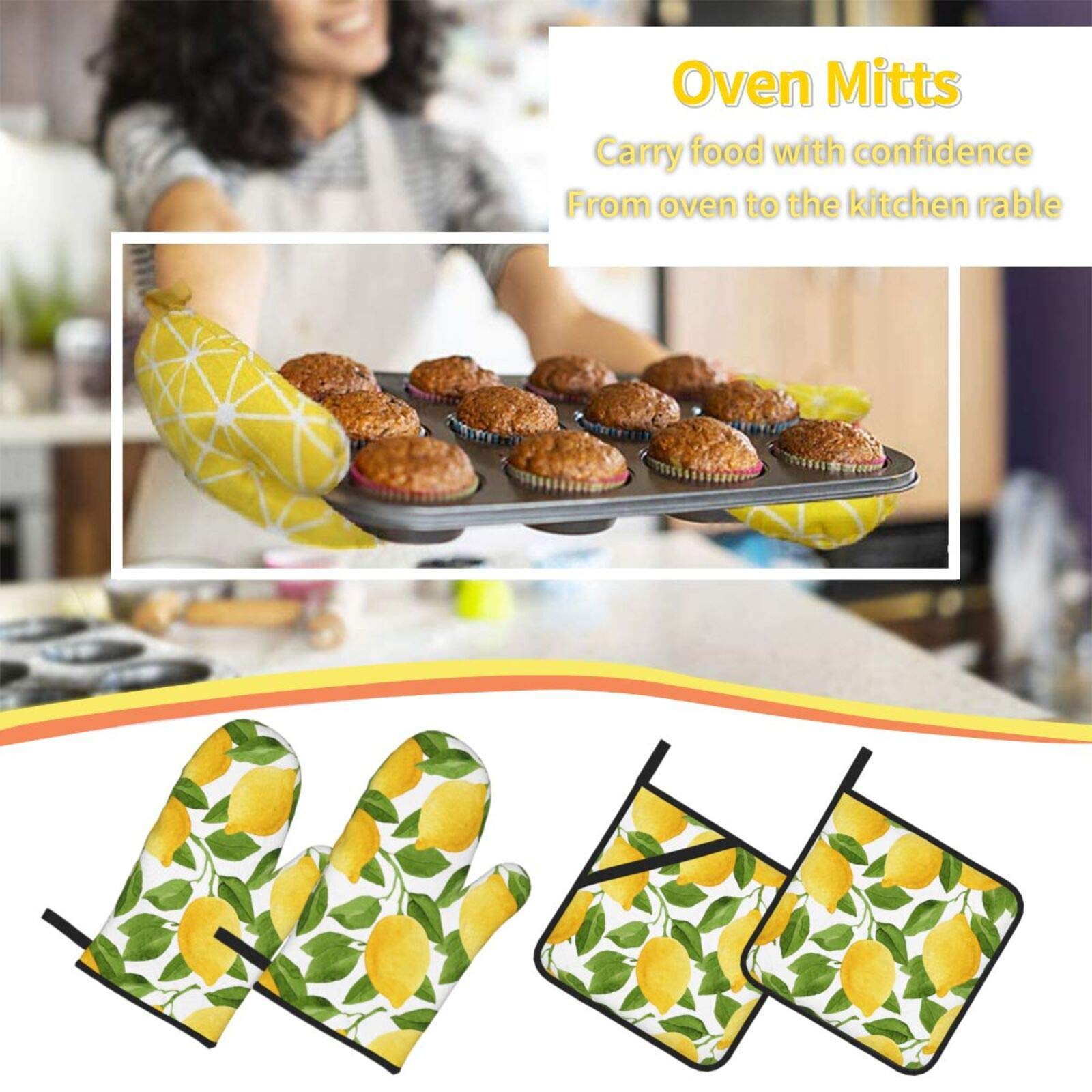Bright Yellow Lemons Oven Mitts and Pot Holders Sets of 2,Resistant Hot Pads with Polyester Non-Slip BBQ Gloves for Kitchen,Cooking,Baking,Grilling