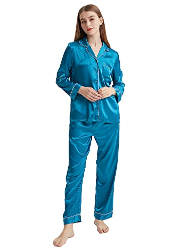 Honypove Silk Pajamas for Women Long Sleeve Satin Womens Pajama Sets Two-piece Button-Down Sleepwear Pjs (Small, Green)