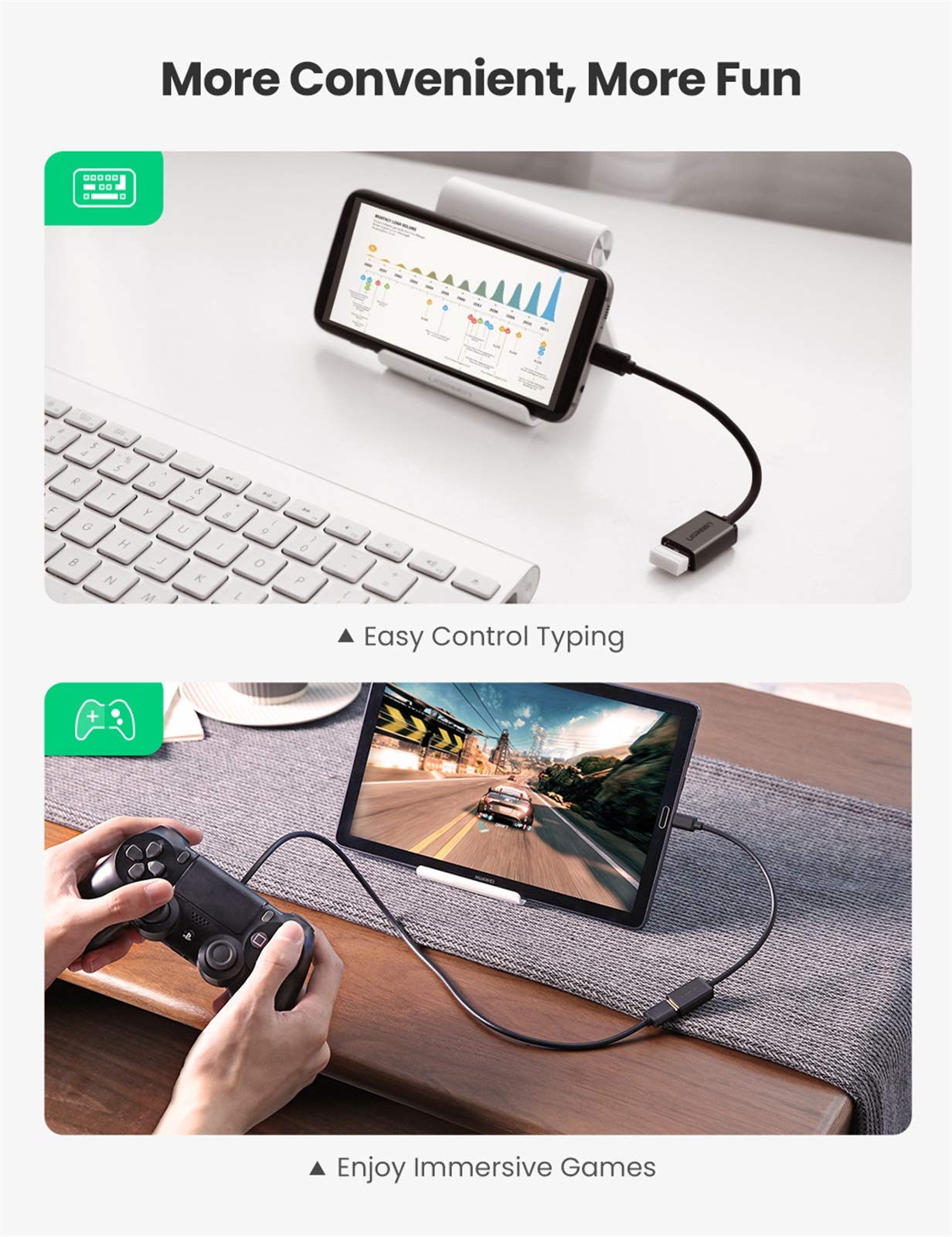 UGREEN Micro USB 2.0 OTG Cable On The Go Adapter Male Micro USB to Female USB Compatible with Samsung Phone S7 S6 Edge S4 S3 LG G4 Controller Android Windows Smartphone Tablets 4 Inch Black
