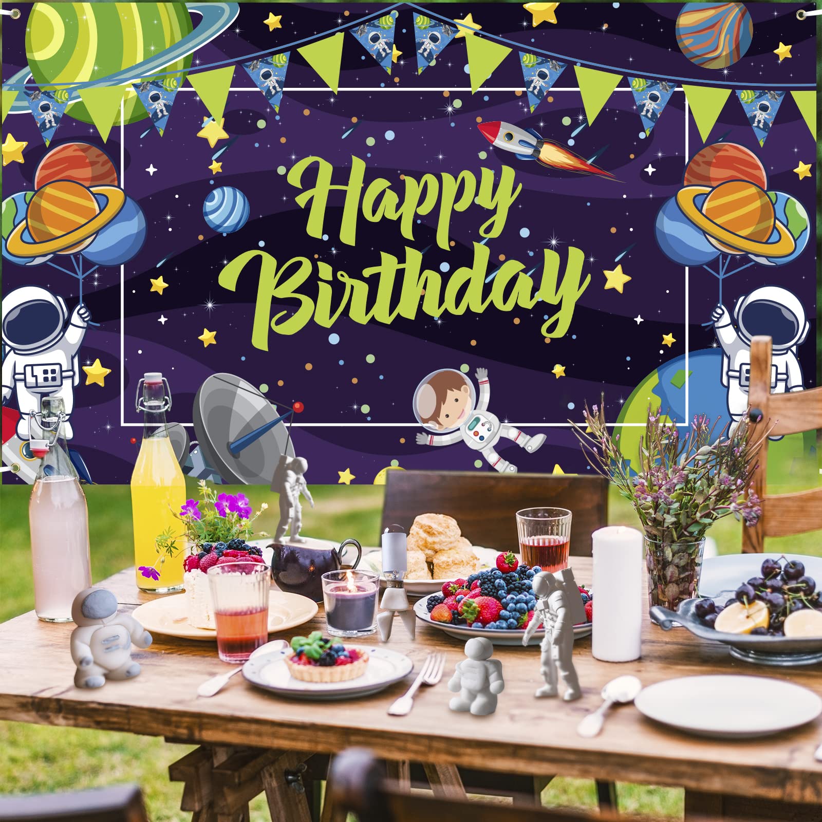 Space Birthday Decorations Banner Outer Space Happy Birthday Banner Backdrop, Astronaut Rocket Space Birthday Banner Space Themed Party Decorations Supplies for Boys Girls Kids 72.8x43.3 Inch