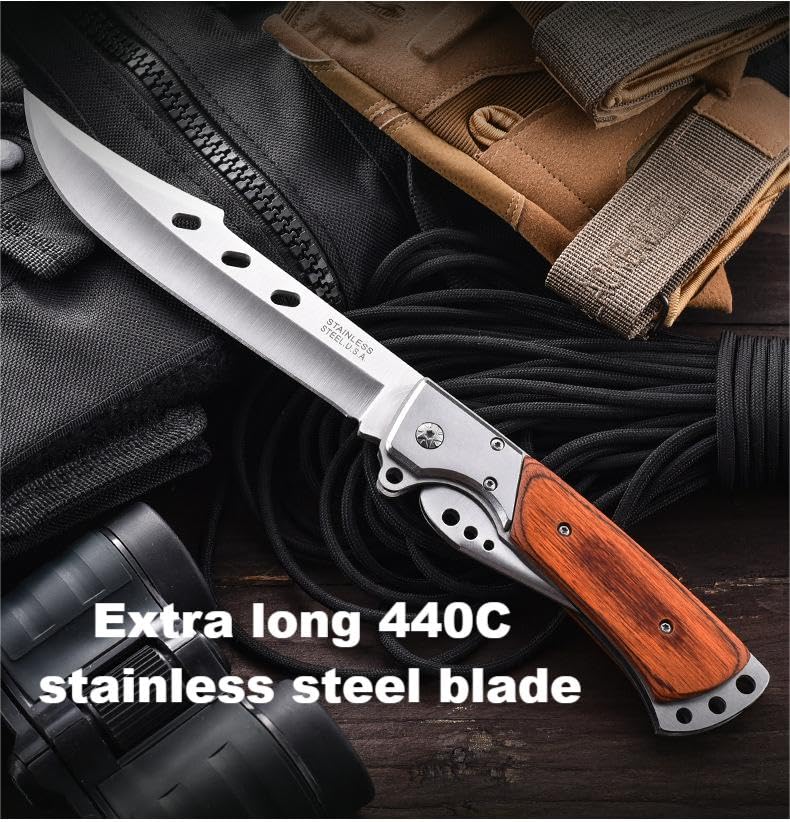 DOOM BLADE Long Blade Pocket Folding Knife - Sharp Survival Work Knives-Foldable Large Knife with Rosewood Handle,Gift for Dad Husband,for Hunting,Hiking,Camping (1 Knife)