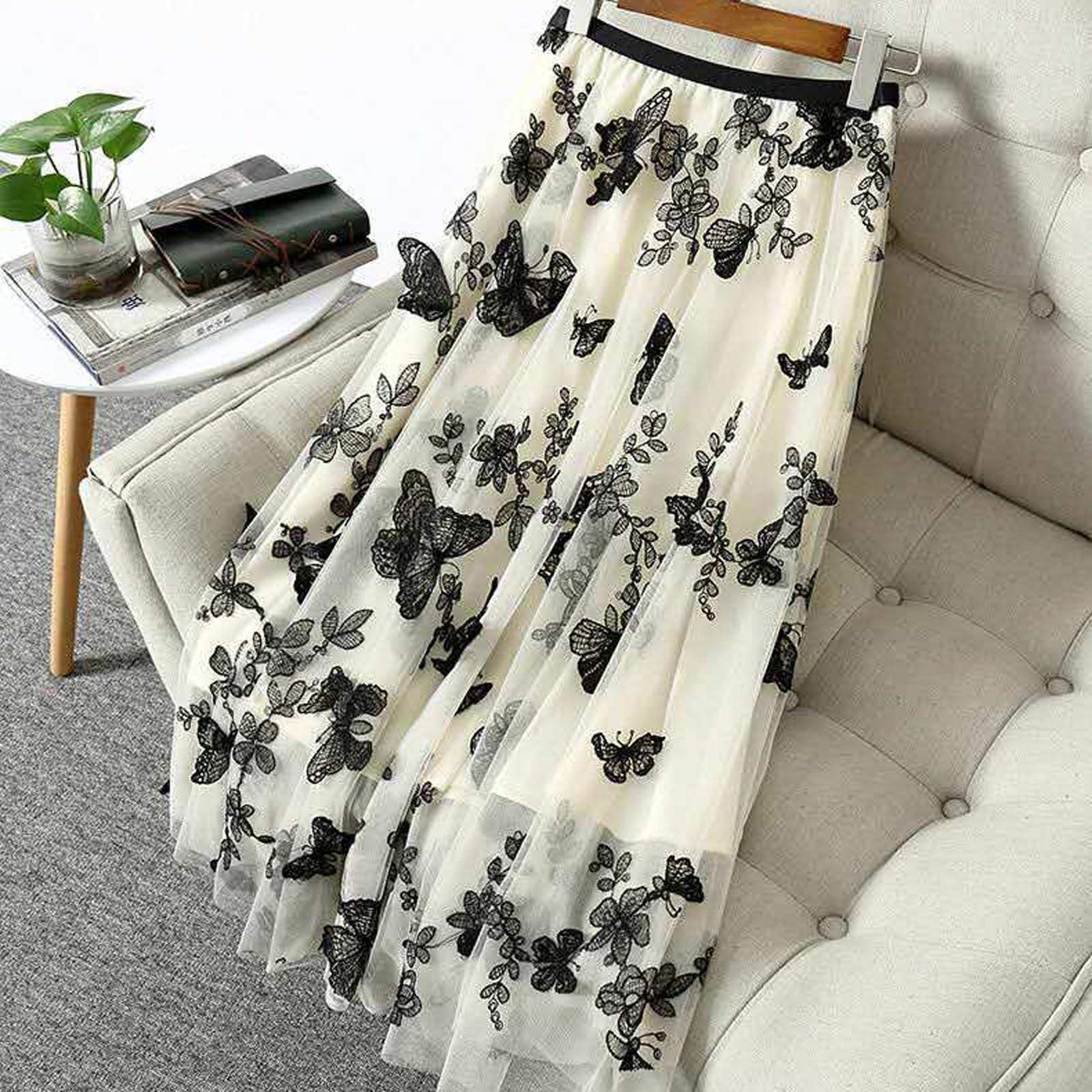 Bravetoshop Womens Tutu Tulle Skirt High Waist Layered Floral Printed A-Line Skirts Mesh Midi Skirt (White,XL)