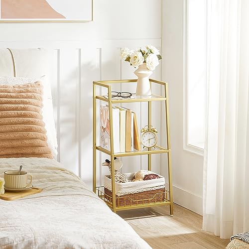 HOOBRO Gold Bookshelf, 3-Tier TemperedĀ Glass Bookcase, Bathroom Storage Stand, Record Storage Rack with Side Guards, Strong and Durable, for Bathroom, Bedroom, Living Room Modern Style, Gold GD77CJ01