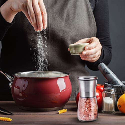 Salt and Pepper Grinder Set, Trofoty Stainless Steel Sea Salt & Pepper Grinder Refillable Set, Manual Adjustable Ceramic Salt and Pepper Grinders, Clear Glass Metal Pepper Mill Set - 2 Pack
