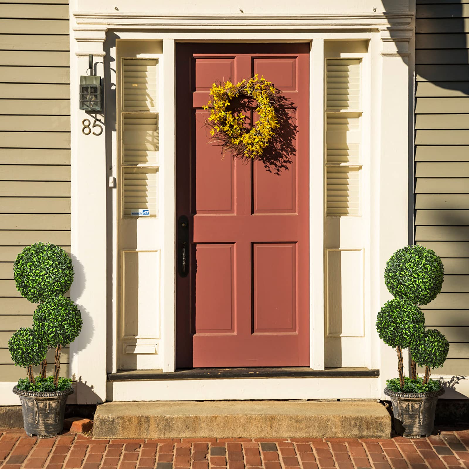 Goplus 2.5 Ft Artificial Boxwood Topiary Tree, Fake Greenery Plants Triple Ball Tree, Leaves & Cement-Filled Plastic Flower Pot Decorative Trees for Home, Office, Indoor and Outdoor Use