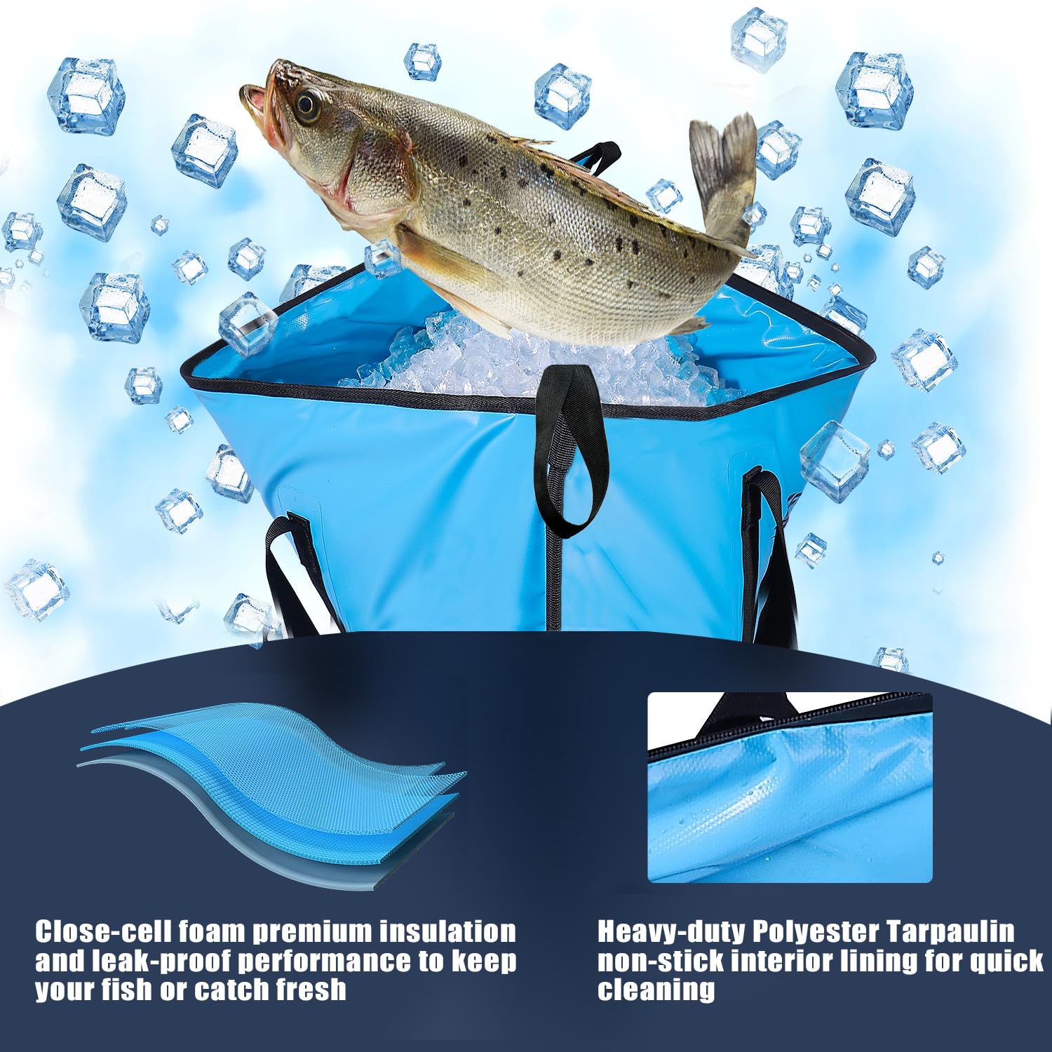 Buffalo Gear Insulated Fish Cooler Bag 48x18 In,Large Fish Kill Bag,Portable Waterproof Leakproof Fish Bag Keep Ice-Cold More Than 24 Hours (Blue)