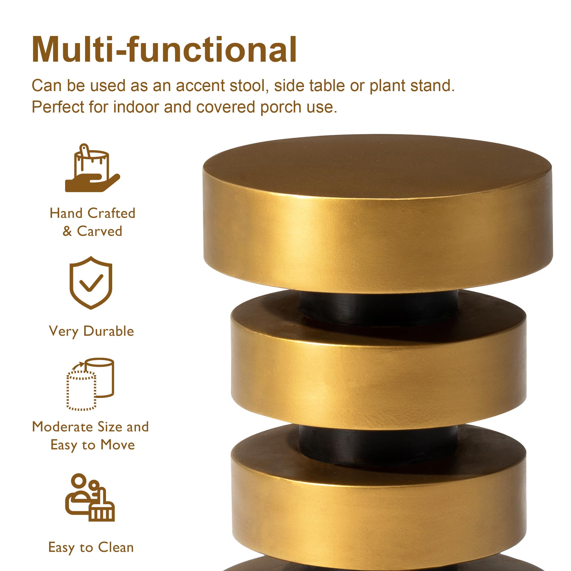 Glitzhome Modern Industrial 12β Dia Round Side Table in Antique Gold Black, Floating Disks Accent Stool End Table for Living Room, Bedroom, Entryway and Small Spaces