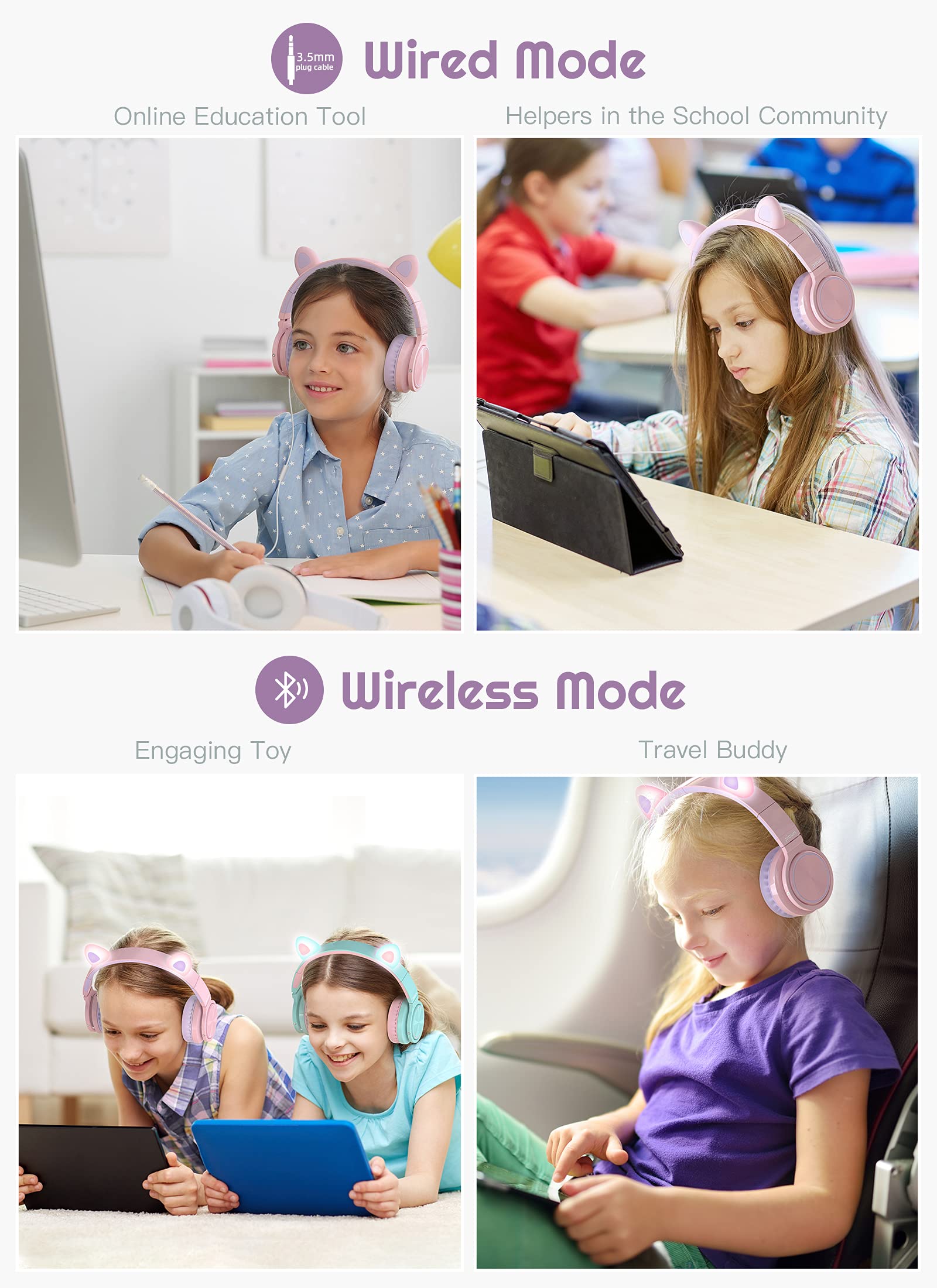 Picun Bluetooth Kids Headphones with Microphone, Cat Ear Wireless & Wired 85dB Volume Limited Multi-Function Girl Headphones, Built-in Flashing LED, Foldable for School Study Home Travel- Purple Pink