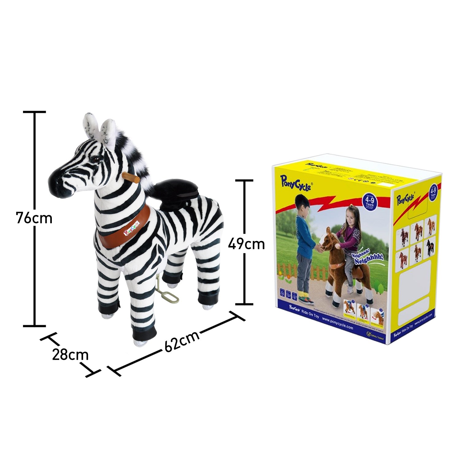 PonyCycle Ride-On Zebra with Brake & Pedal Pad Mechanical Horse Toy Classic Model U Giddy up Pony Plush Walking Animal Size 3 for Age 3-5 Years - Ux368 with White Pedal Pad.