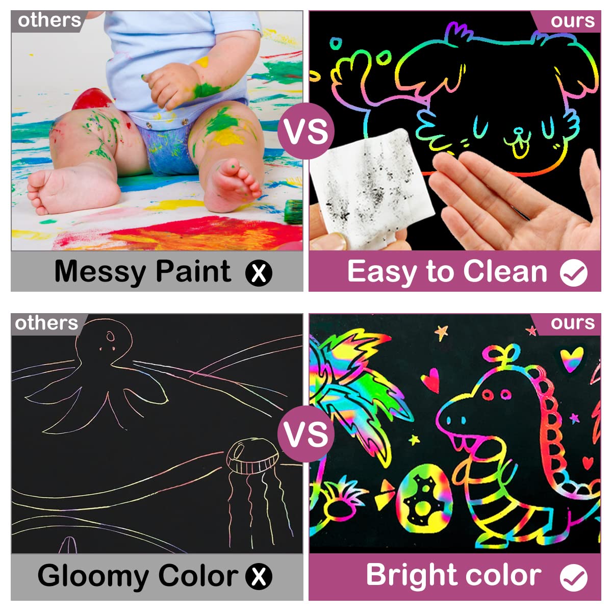 pigipigi Scratch Paper Art for Kids - 60 Pcs Rainbow Magic Scratch Off Art Crafts Set Supply Drawing Note Kit for Girls Boys Toddler Party Favor Activity Game Birthday Christmas Easter Toy Gift