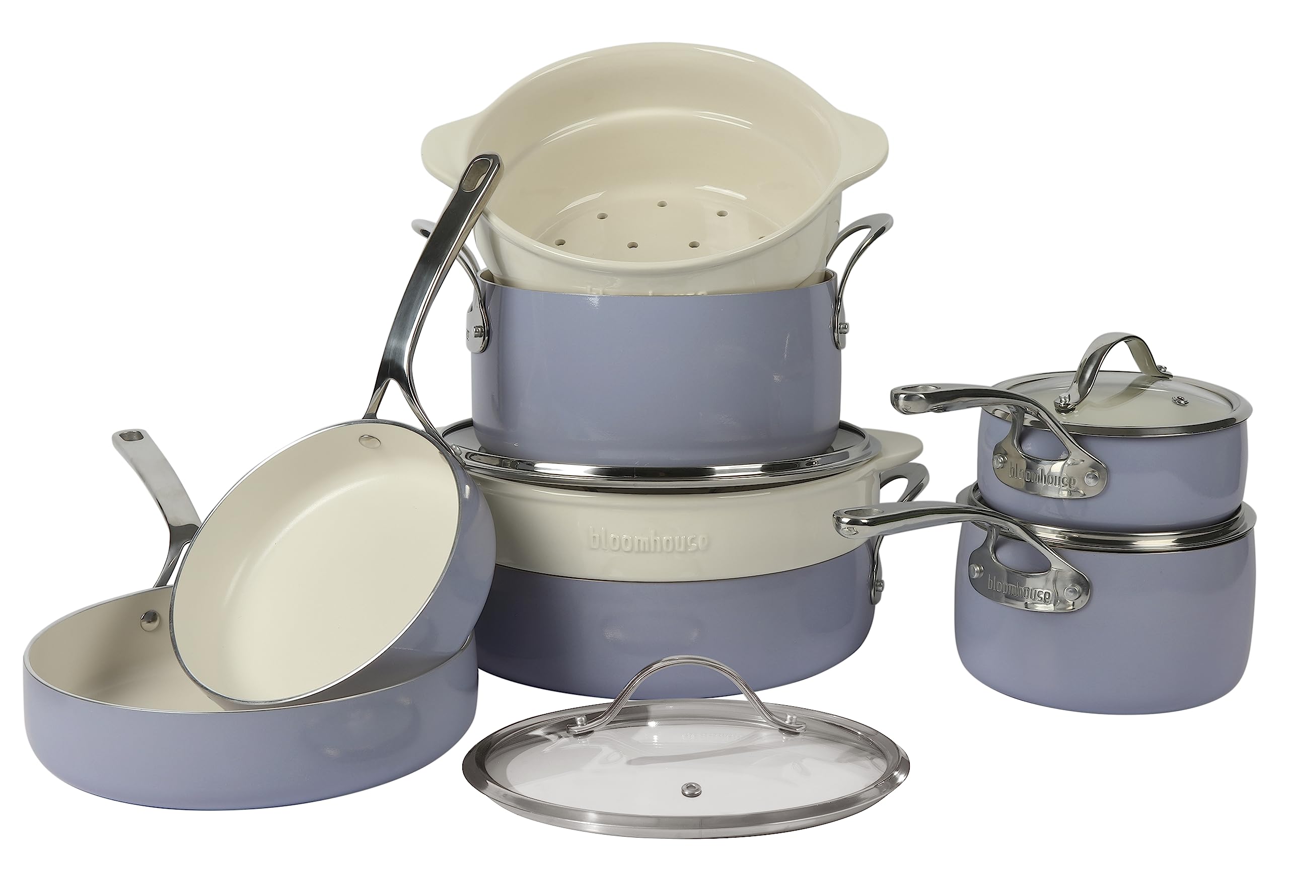 Bloomhouse - Oprah's Favorite Things - 12 Piece Aluminum Pots and Pans Cookware Set w/Non-toxic Ceramic Non-stick, Ceramic Steamer Insert, & 12 Protective Care Bags - Periwinkle Blue