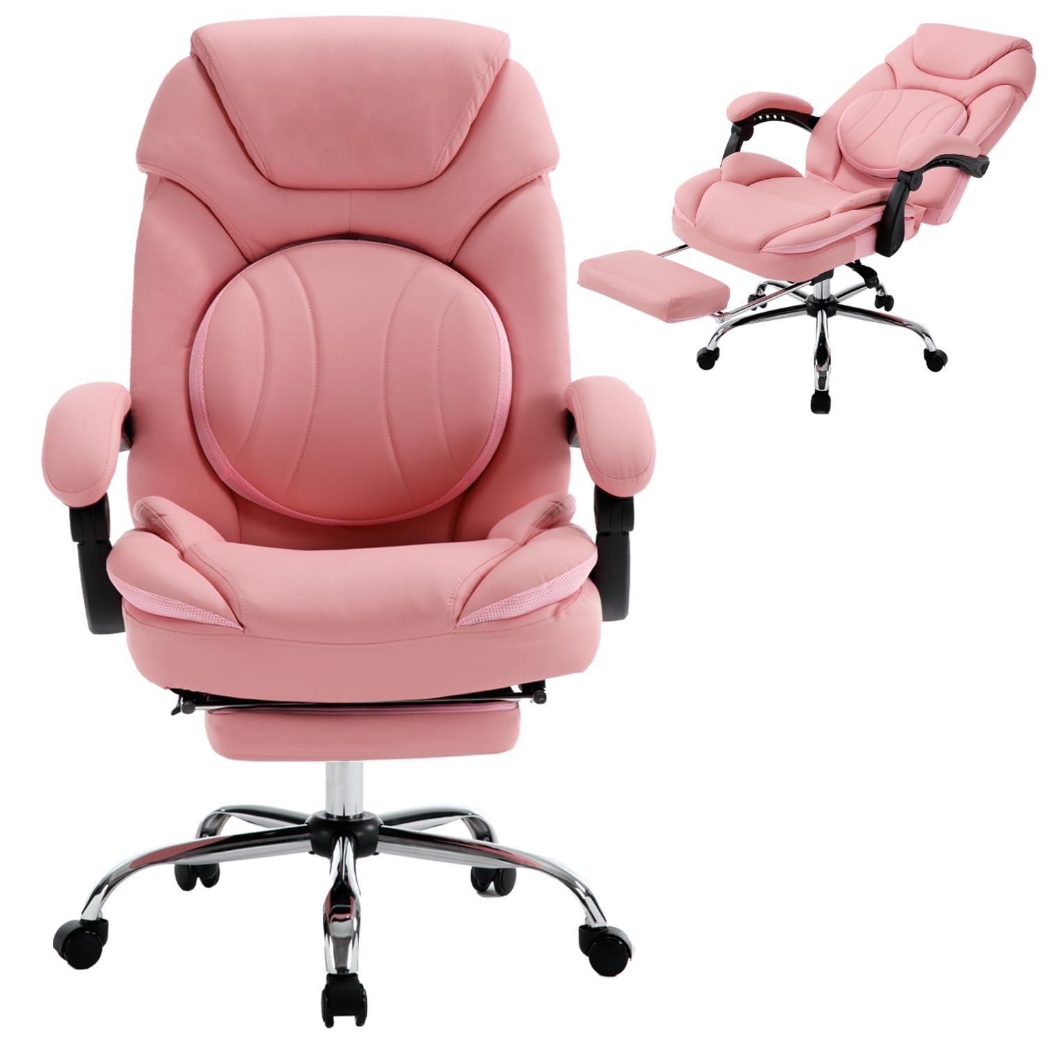 Comermax 350lbs Reclining Office Desk Chairs with Footrest Back Support PU Leather High Back Wide Seat Recliner Executive Office Chairs for Women, Big Tall Managerial Chairs, Pink