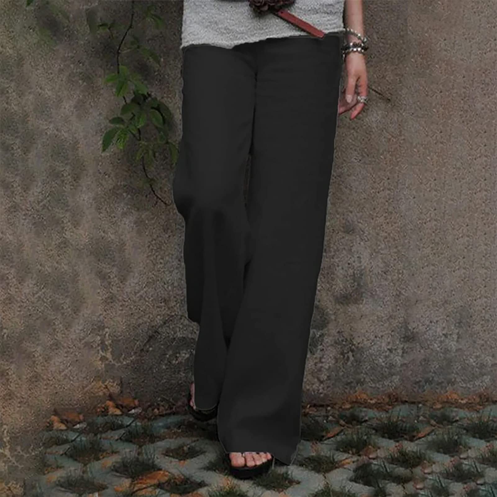 Bravetoshop Women's Summer Solid Color Elastic Waist Pants Casual Baggy Jogger Workout Trousers (Black,L)