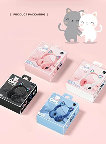 Headset Cat Ears Bluetooth Earphone Wireless Gaming Noise Cancelling 8 Hours with Mic USB Virtual Reality Detachable Cute Luminous Mouse Ear Rainbow RGB Flashing Light On-Ear Headphone (Pink) (ER-1)