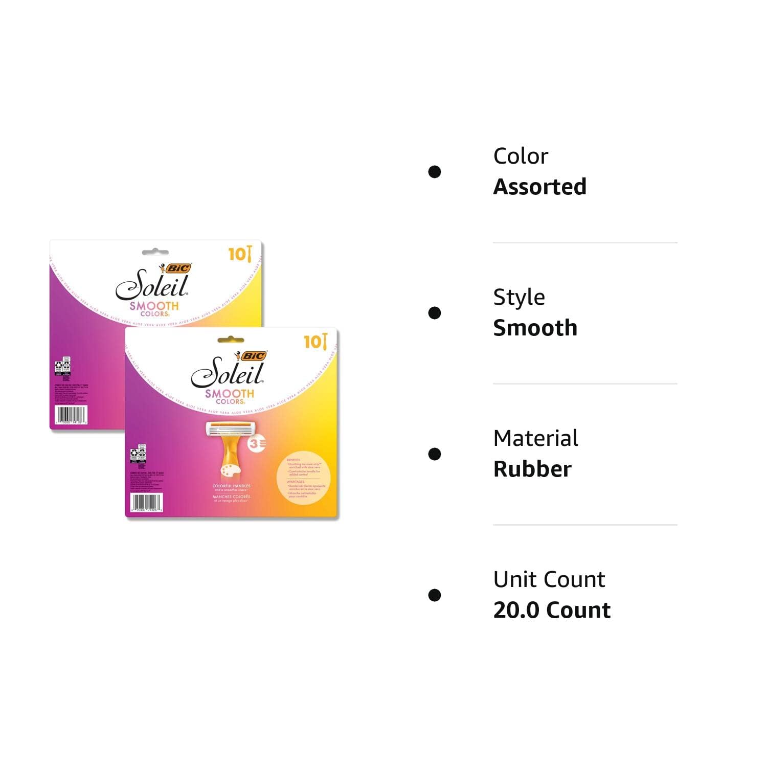 BIC Soleil Smooth Colors Razors with Aloe Vera and Vitamin E Lubricating Disposable Razors for Women, 20-Count, 3 Blades
