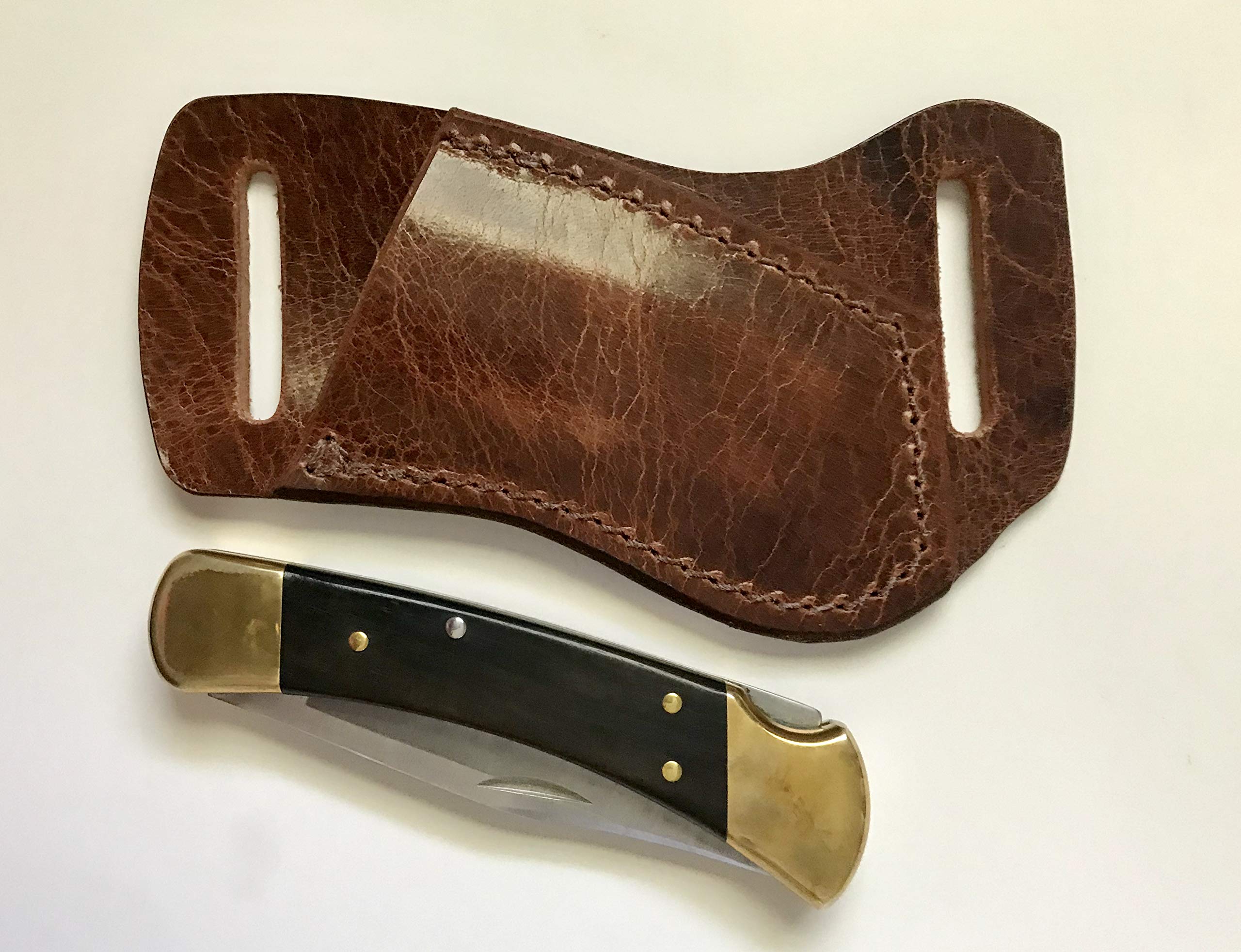 Custom Leather Sheath for Buck 110 or 112 with Water Buffalo Antique Brown Leather Sheath | Left-Hand Cross Draw to fit on Right Side | Strong and Durable | Sheath ONLY