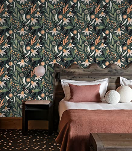 Floralplus Boho Peel and Stick Wallpaper Removable Boho Wallpaper Peel and Stick Floral Botanical Wallpaper for Bedroom Cabinet Wall Office Decor 118 * 17.7in