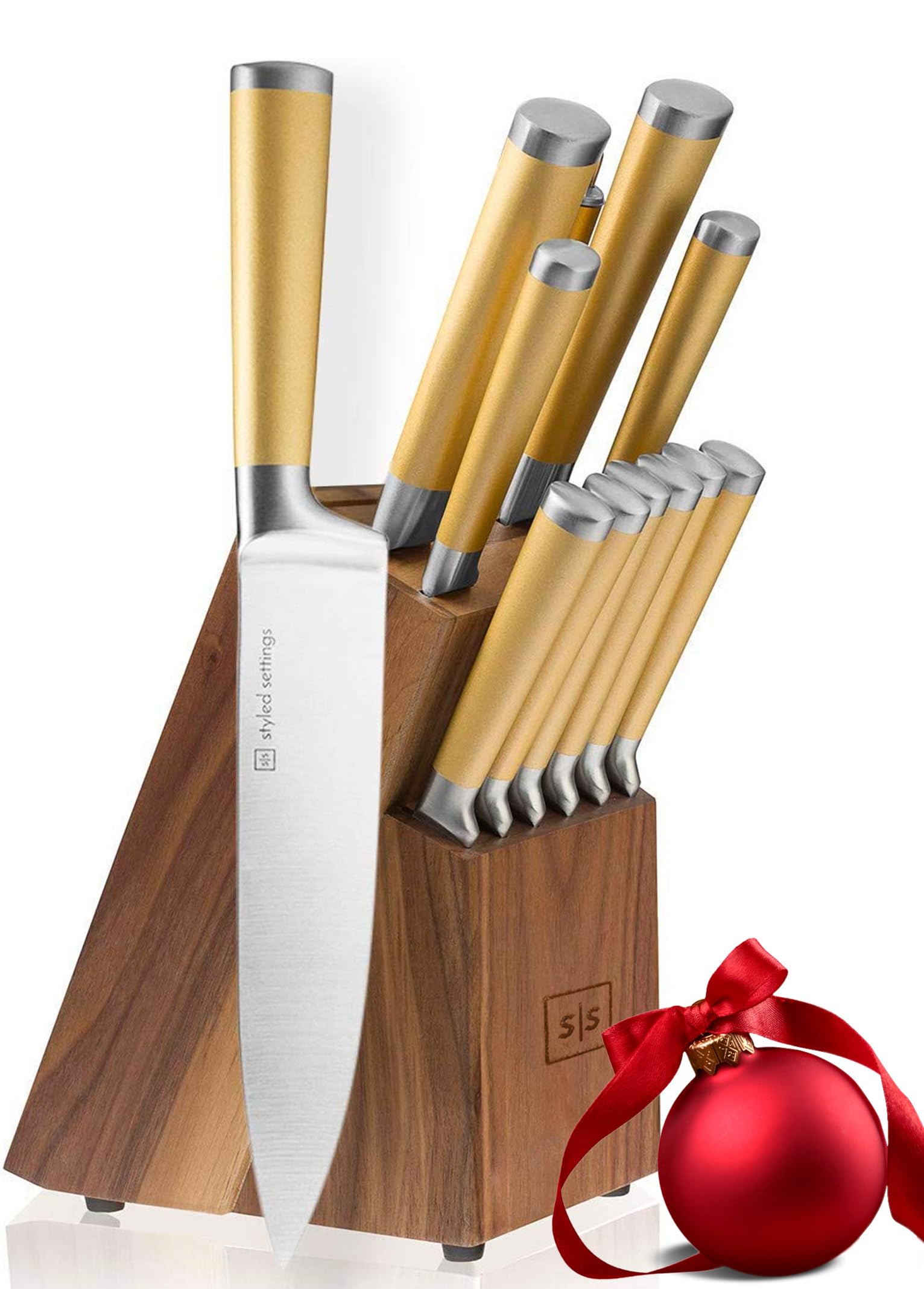 Gold Knife Set with Walnut Knife Block, 13-piece Kitchen Knives Stainless Steel Gold Knives Set, Full Tang, Knives Gold - Gold Kitchen Accessories