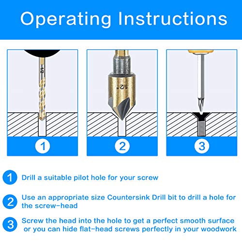 Countersink Drill Bit Set, 5 Pieces High Speed Steel 82 Degree 5 Flute 6mm Round Shank Mill Cutter Bit Countersink in Sizes 1/4” 3/8” 1/2” 5/8” 3/4” Set with Carrying Case.