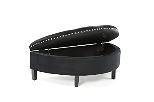 Iconic Home Jacqueline Half Moon Storage Ottoman Button Tufted Velvet Upholstered Gold Nailhead Trim Espresso Finished Wood Legs Bench Modern Transitional Black