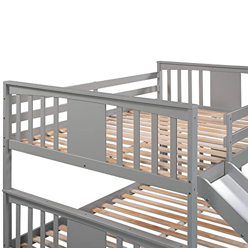 ERDAYE Full Over Full Bunk Bed with Slide and Ladder, Wood Bunkbed w/Safety Guardrails, Solid Slat Support Bedframe for Kids Teens, No Box Spring Needed, Grey