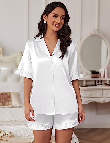 Ekouaer Pajama Sets for Women Soft Satin Sleeping Wear Summer Silky Short Sleeve Pjs Two Piece Lounge Set White,Small