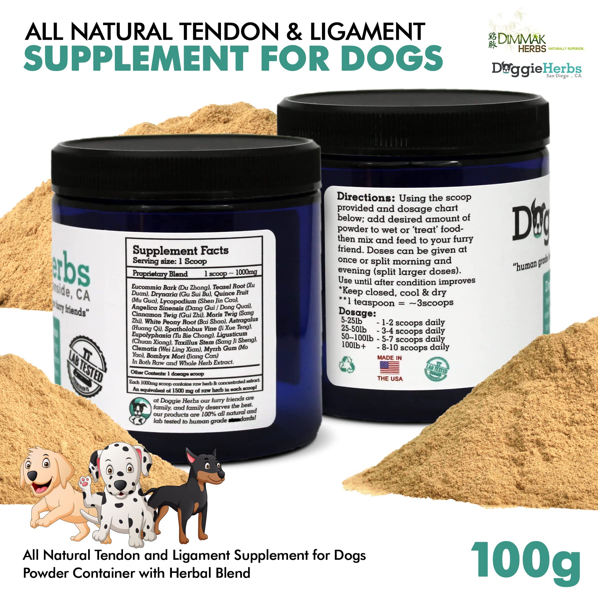 Dog Ligament and Tendon Healing - All Natural Human Grade Dog Tendon and Ligament Supplement β Powder Herbal Blend β 100g by Doggie Herbs