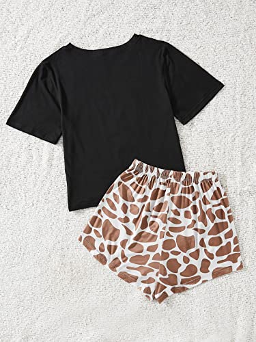 DIDK Women's Cartoon Graphic Print Tee and Shorts Two Pieces PJ Pajama Set Giraffe Black XS