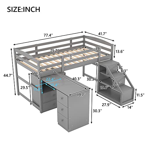 ERDAYE Twin Size Wooden Loft Bed Frame with Multifunctional Movable Built-in Desk, 5 Drawers and Staircase Bring Storage Shelf for Bedroom Guest Room Furniture, Gray