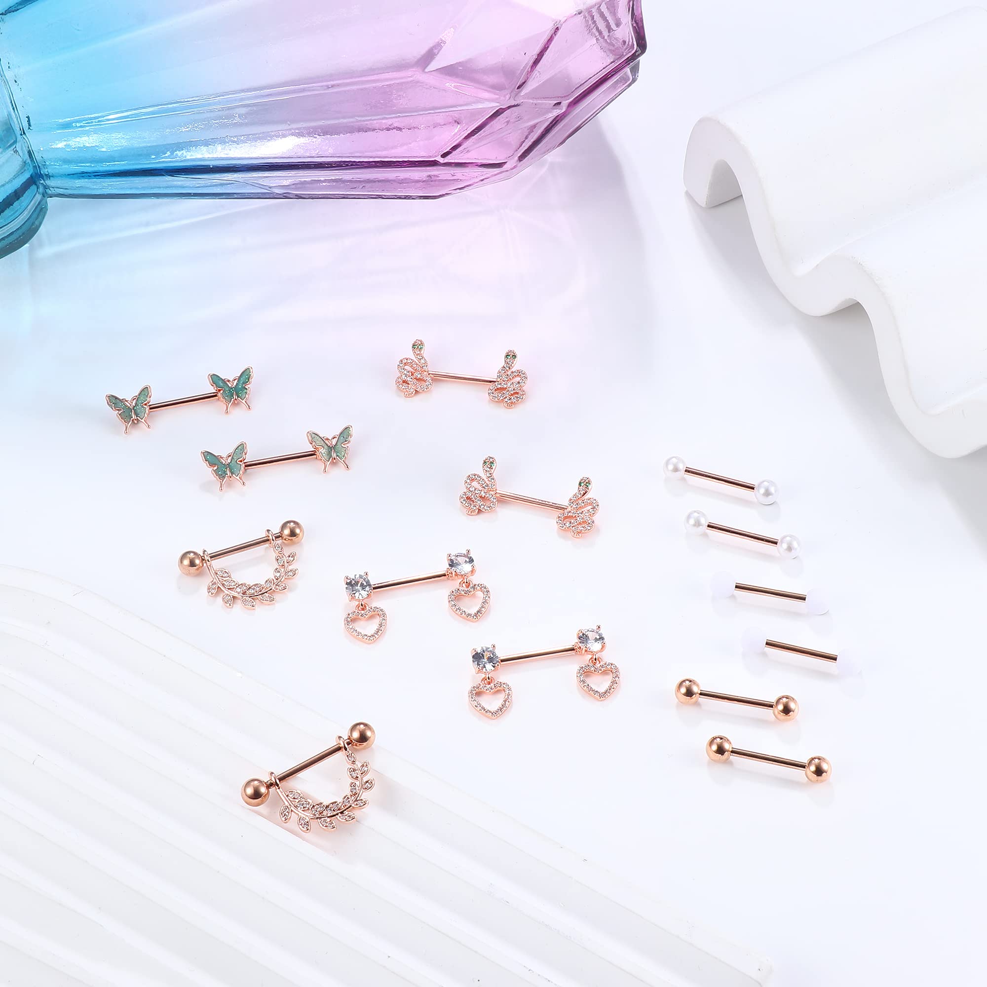 Besteel π π·ππππ Nipple Piercing Jewelry Stainless Surgical Steel Nipple Rings Set Cute CZ Ball Heart Butterfly Snake Tongue Belly Barbell Body Jewelry for Women 14G Rose Gold