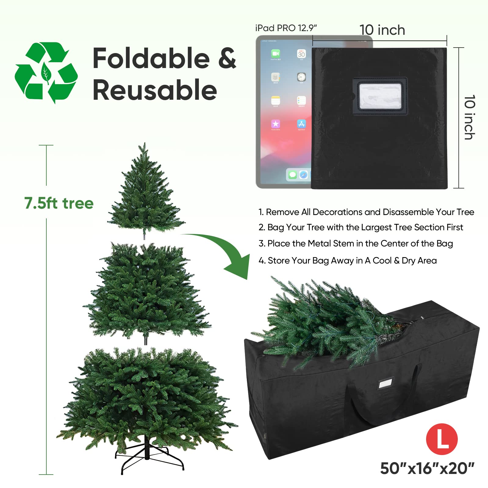 BALEINE 7.5 ft Christmas Tree Storage Bag, Heavy Duty Extra Large Artificial Christmas Tree Bag with Reinforced Handles and Dual Zippers Wide Opening (Black/Black, 7.5 ft)