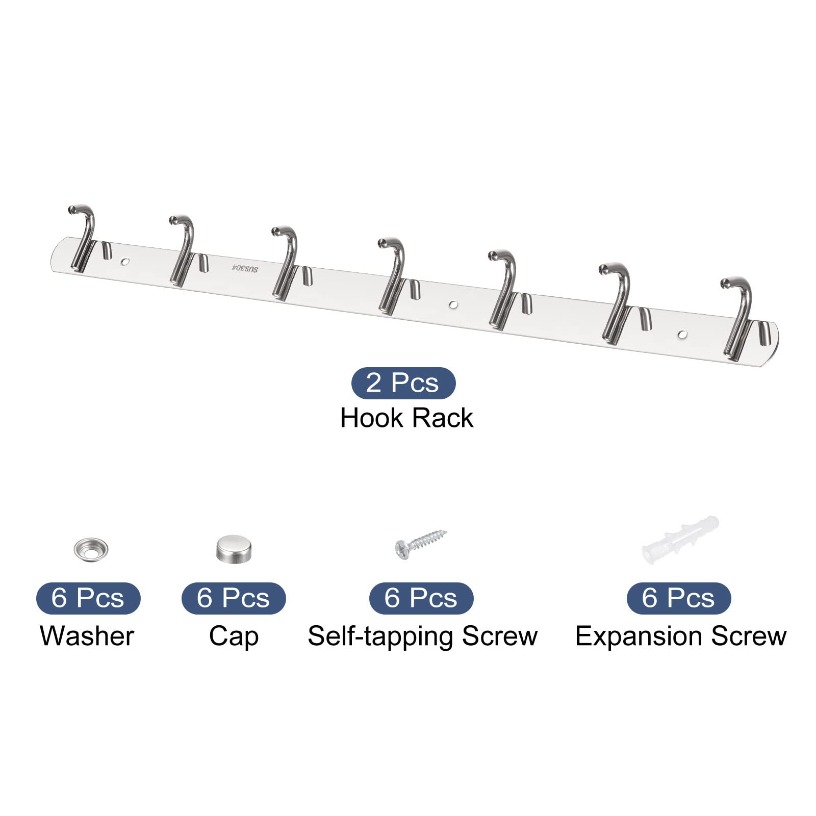 uxcell Coat Hook Rack, 304 Stainless Steel Coat Rack Wall Mounted with 7 Hooks Metal Hook Rail Wall Hangers for Hanging Bedroom Bathroom 2Pcs