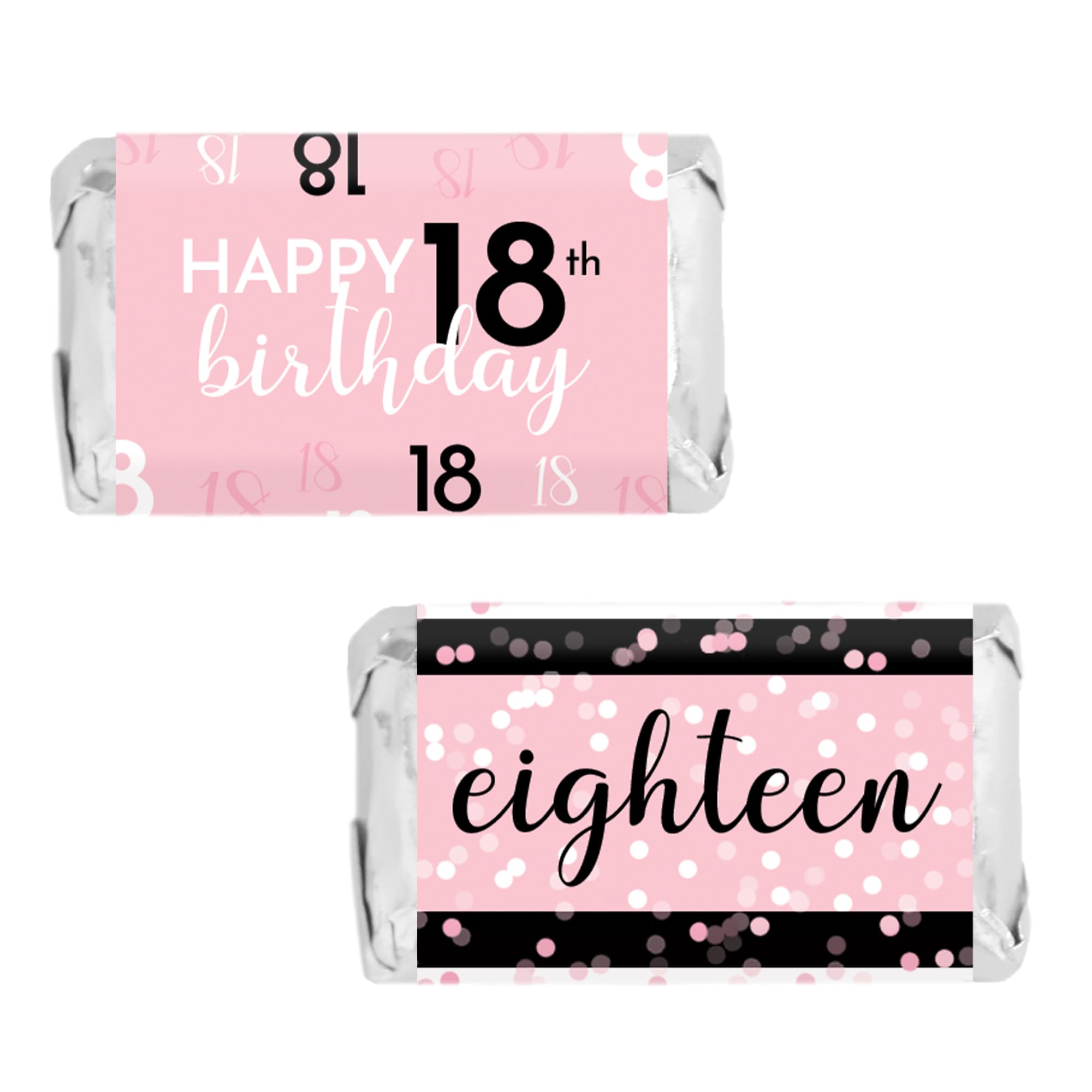 DISTINCTIVS Pink, Black, and White 18th Birthday Party Mini Candy Bar Wrappers - 45 Count, 18th Birthday Decorations for Girls Pink