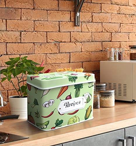 Complete Kitchen Recipe Box Set with 36 Cards, 12 Dividers & Wooden Card Holder | Recipe Card Organizer, Decorative Metal Recipe Tin Set for 4x6 Cards