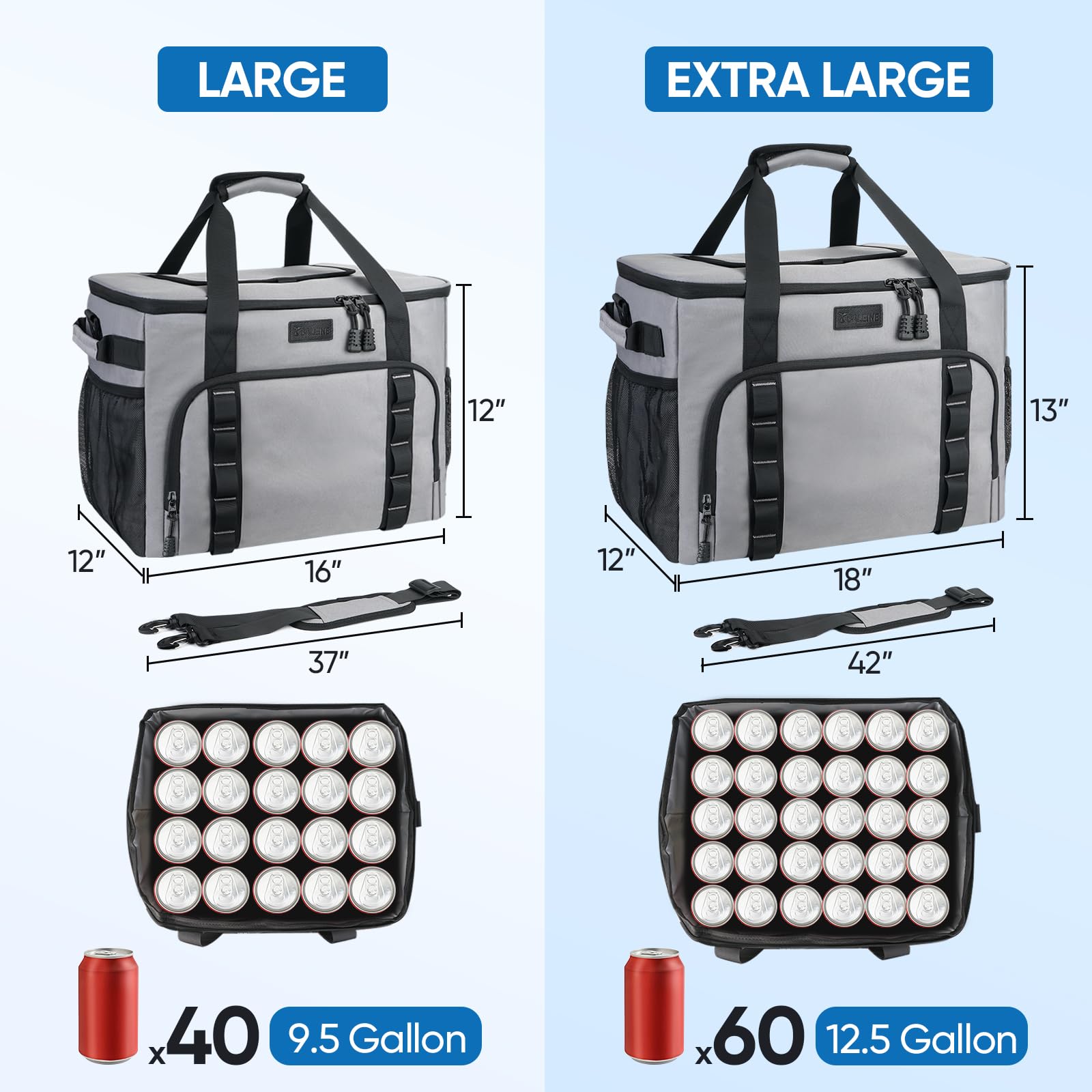 BALEINE Extra Large Soft Cooler Bag, Portable Leakproof Cooler, 40/60 Cans Volume for Beach, Camping, Kayaking, Travel, and Road Trips (9.5 Gallon, Black)