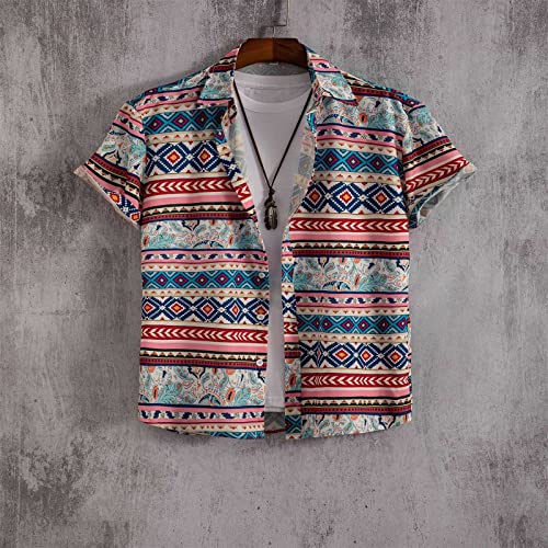 Casual Men's Loose Lapel Print Color Contrast Short Sleeve Button Striped Shirt Beach Hawaiian Summer Top Red