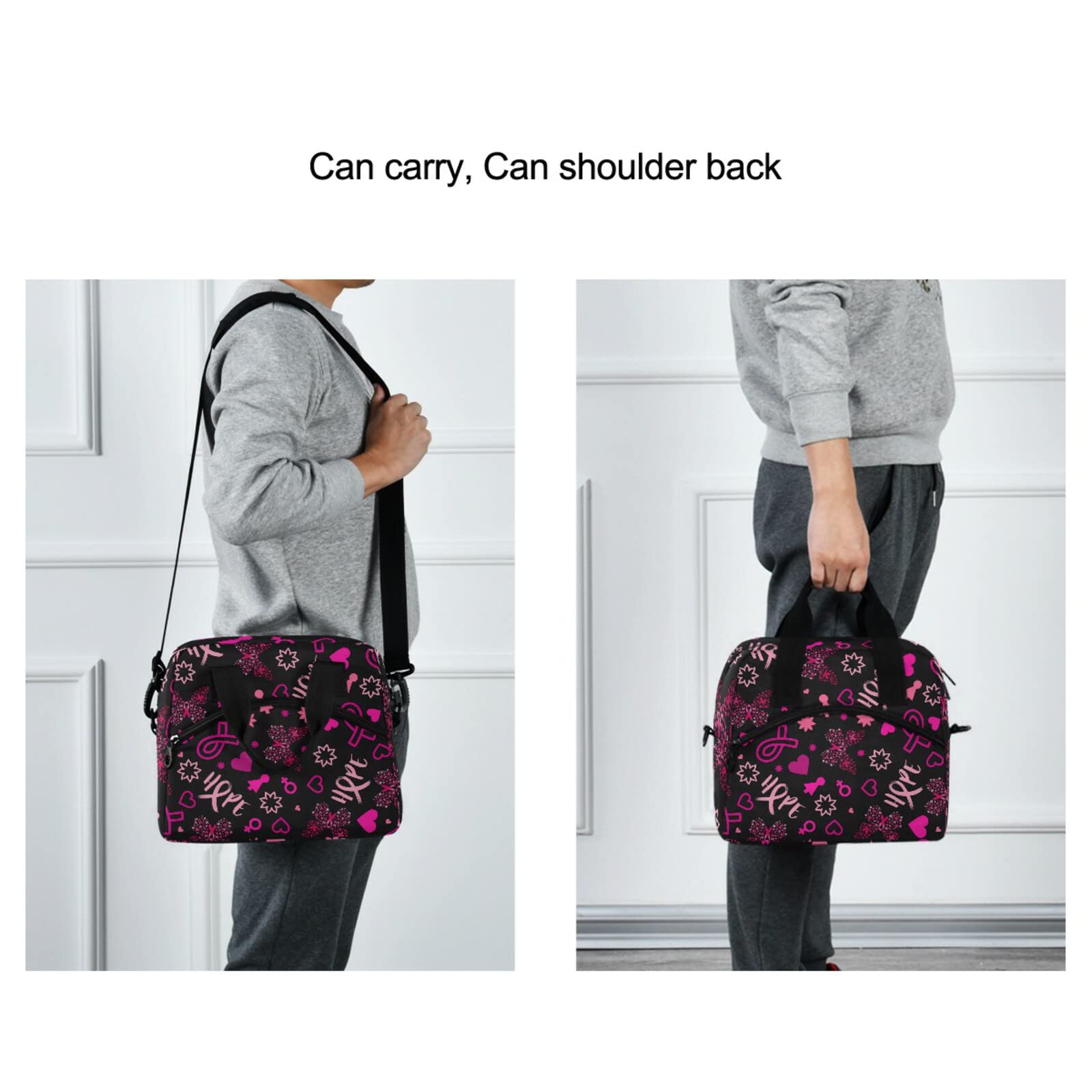 Breast Cancer Awareness Butterfly Lunch Bags for Women Men, Reusable Insulated Lunch Box, Adjustable Shoulder Straps Tote Lunch Bag for Work Picnic School